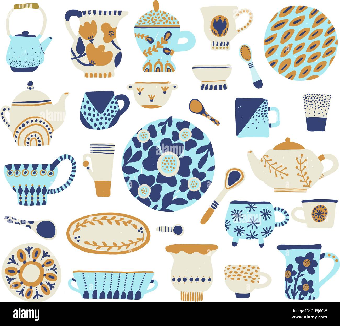 Decorative tableware. Cute crockery rustic style, hand drawn cookware ...