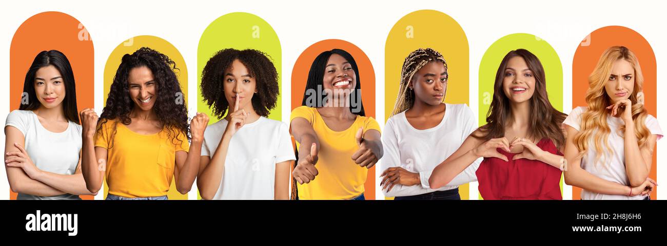 Modern pretty millennial international women with different emotions on ...