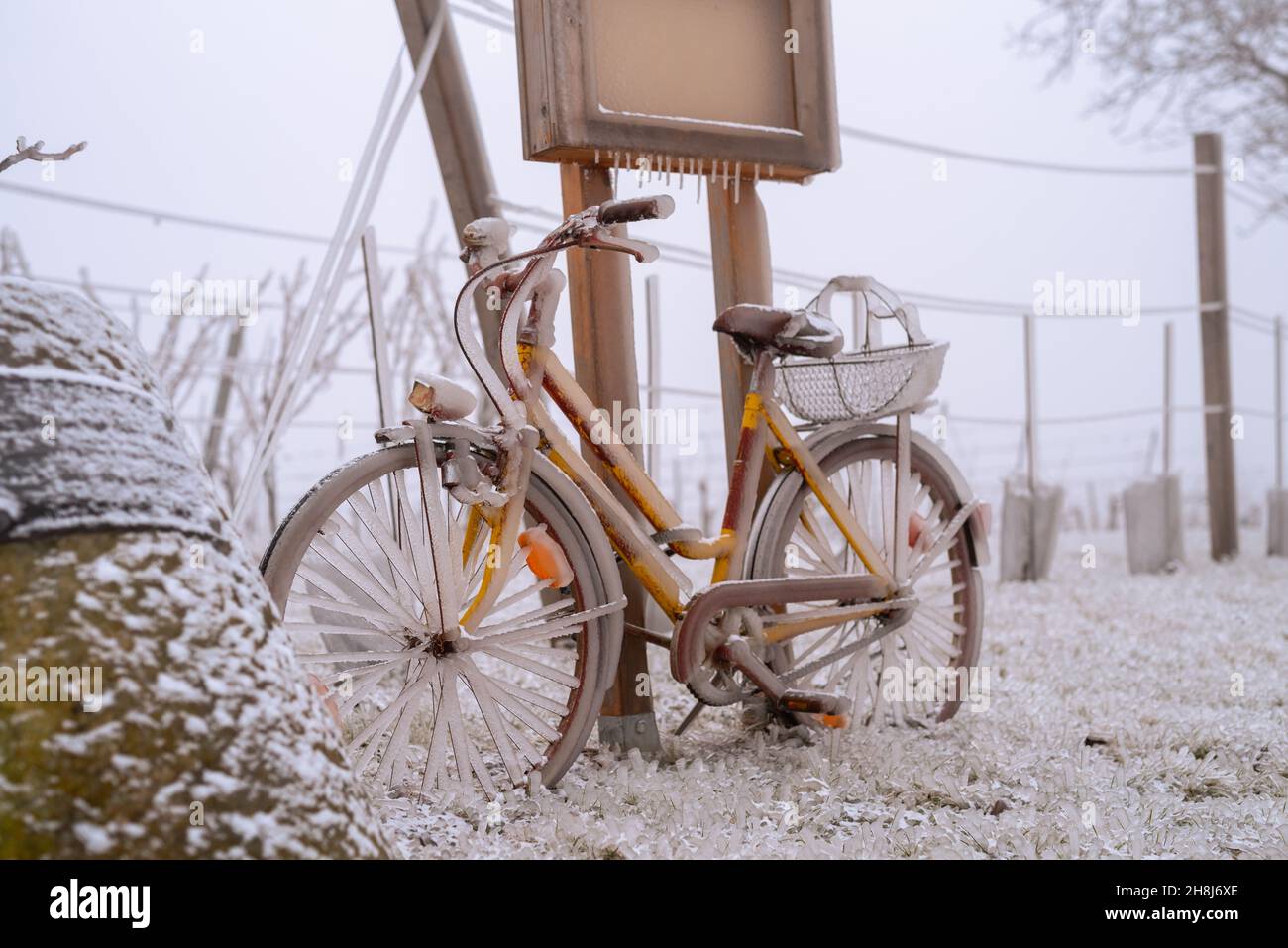 Frozen bike covered with ice. Frozen bike in the middle of wintry ...