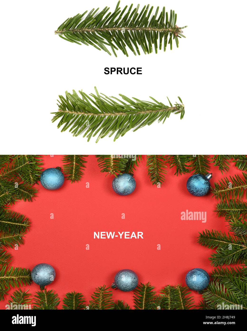 Creative layout made of spruce branch and christmas decorations. High ...