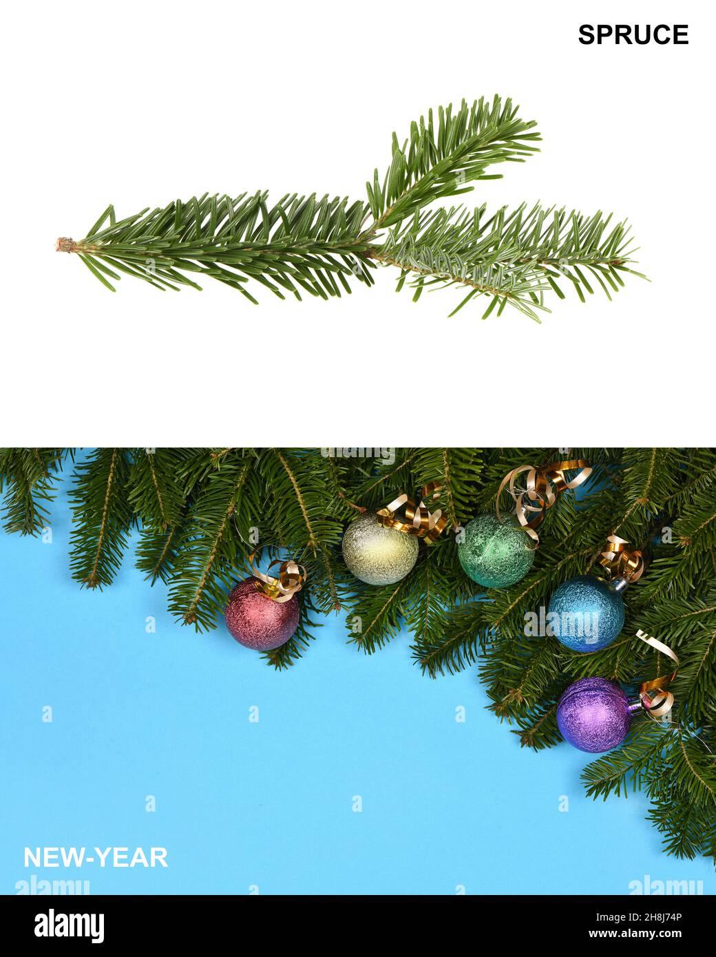 Creative layout made of spruce branch and christmas decorations. High ...