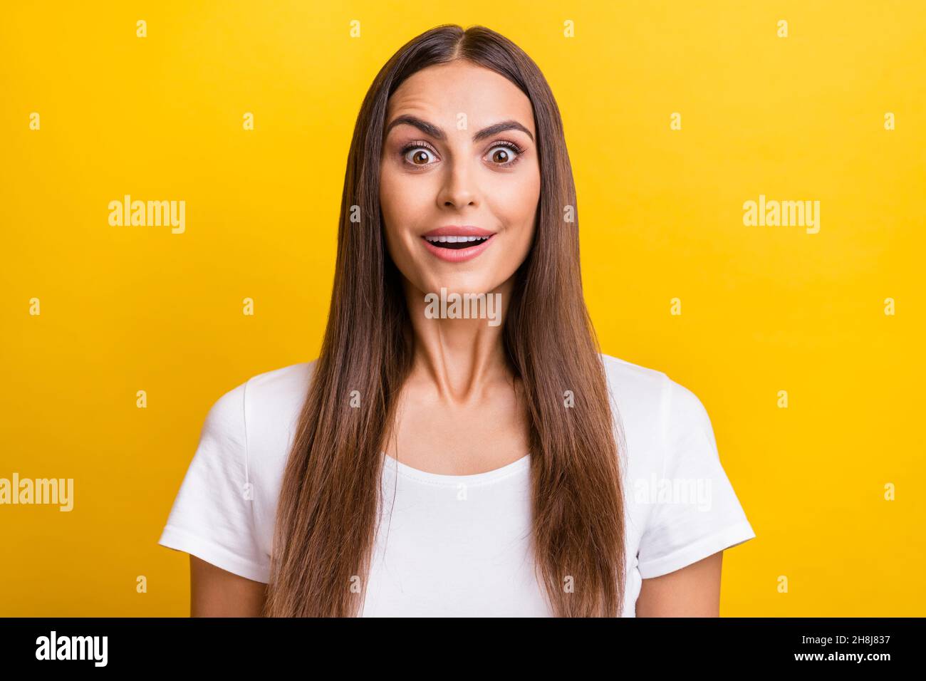 Photo Of Funny Millennial Brunette Lady Wear White T Shirt Isolated On