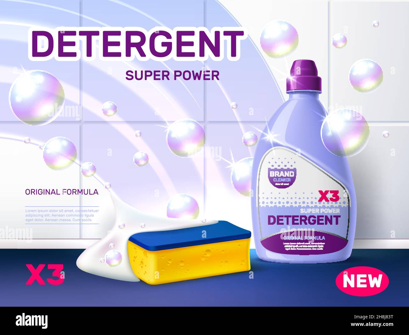 Realistic detergent poster. Bottle with domestic cleaning product for ...