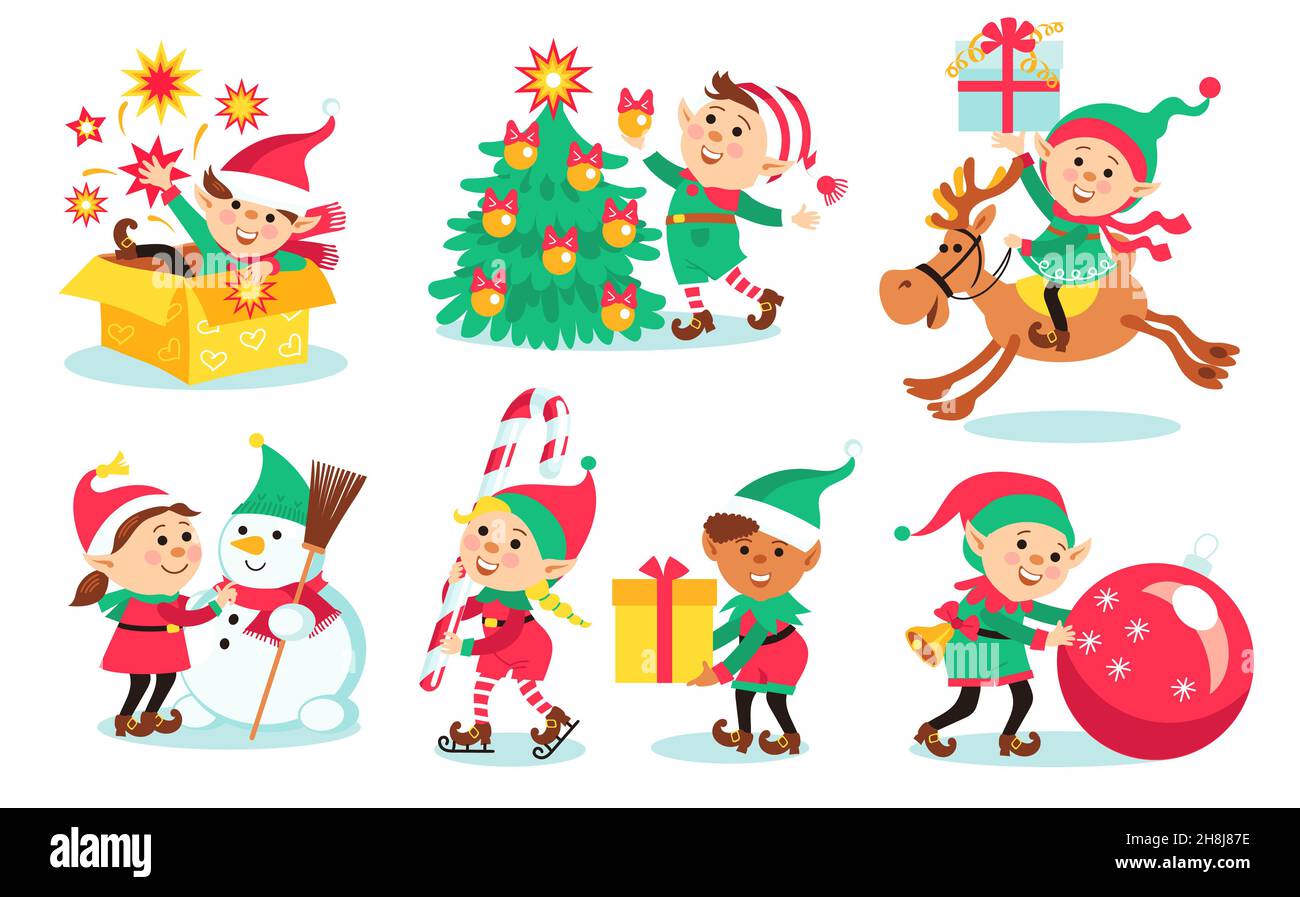 Kids christmas elves. Children in holiday costumes, happy little Santa ...