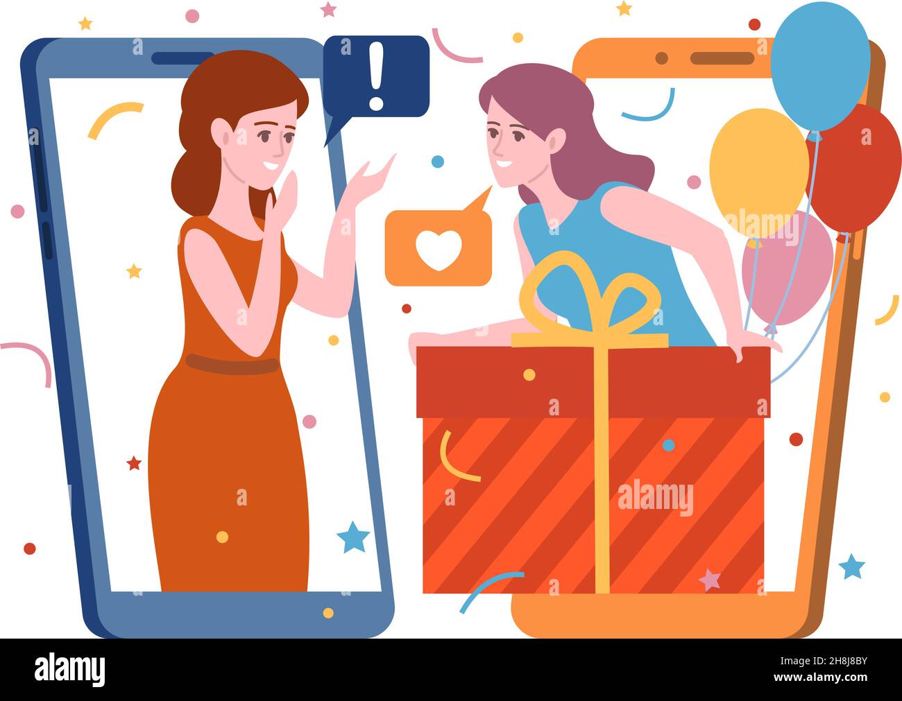 People gifts online. Woman gives present and communicate through phone ...
