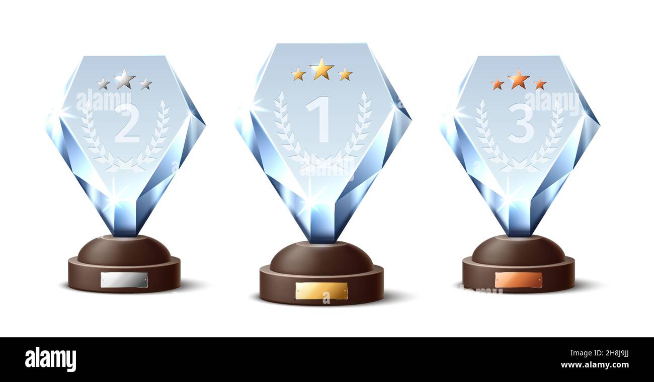 Crystal trophies. Realistic glass awards, gold, silver and bronze ...