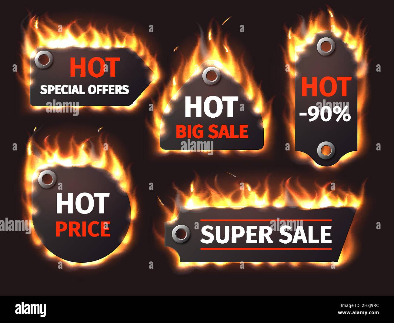 Flame hot sale labels. Burning discount stickers, different shapes ...