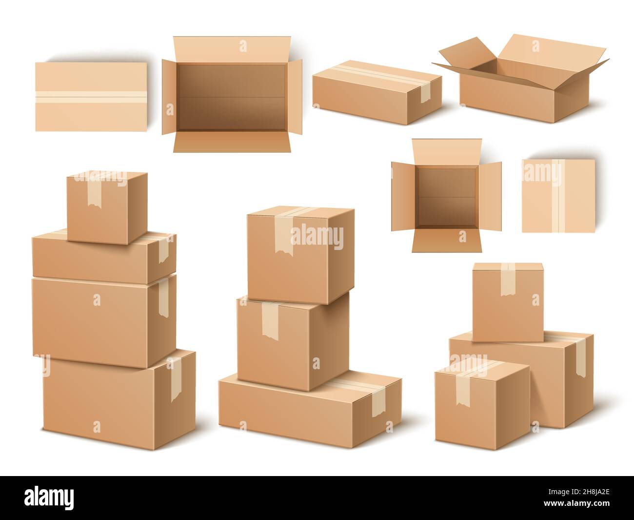 Realistic cardboard boxes. Paper parcels, post delivery opened and ...