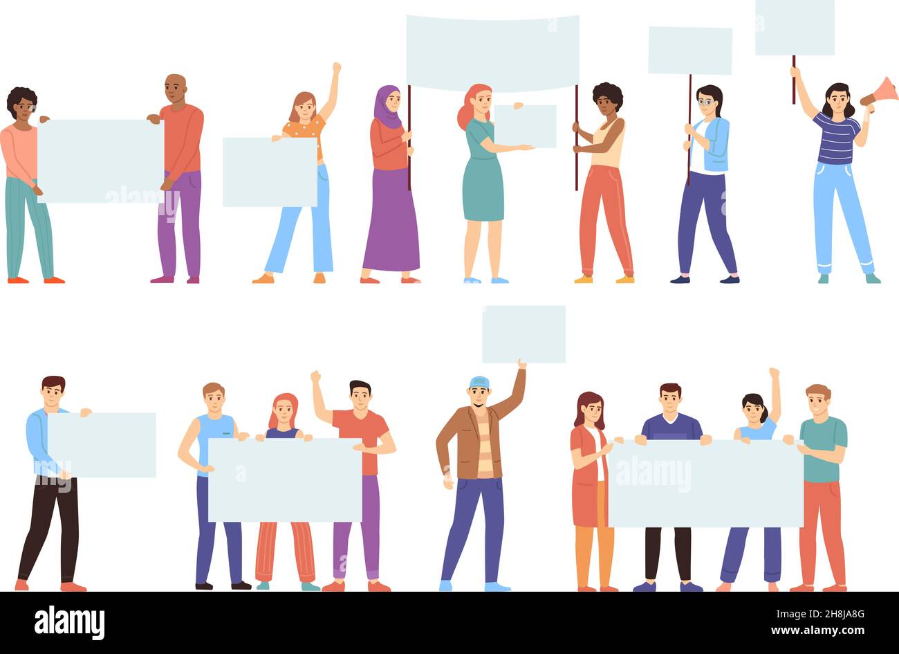 People protester. Men and women with different blank posters, banners ...