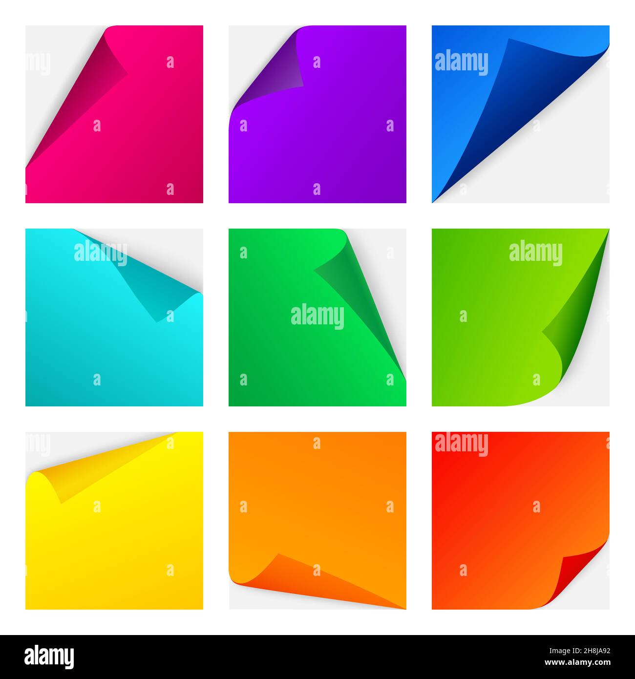 Color paper curl stickers. Realistic bright pages for notes with ...