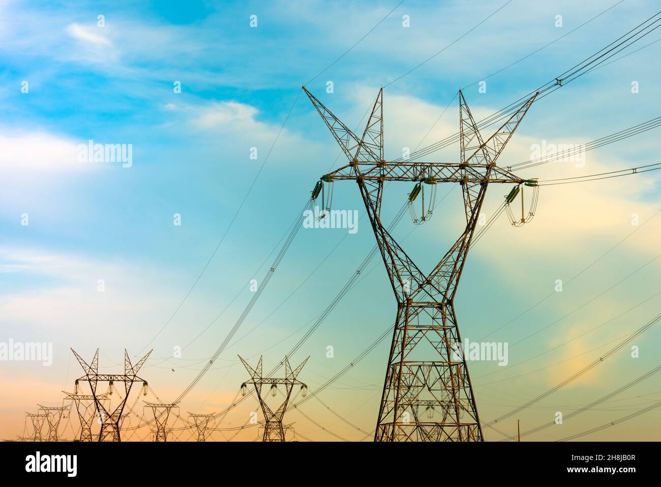 Electric power lines coming out from a Itaipu dam, Parana State, Brazil ...