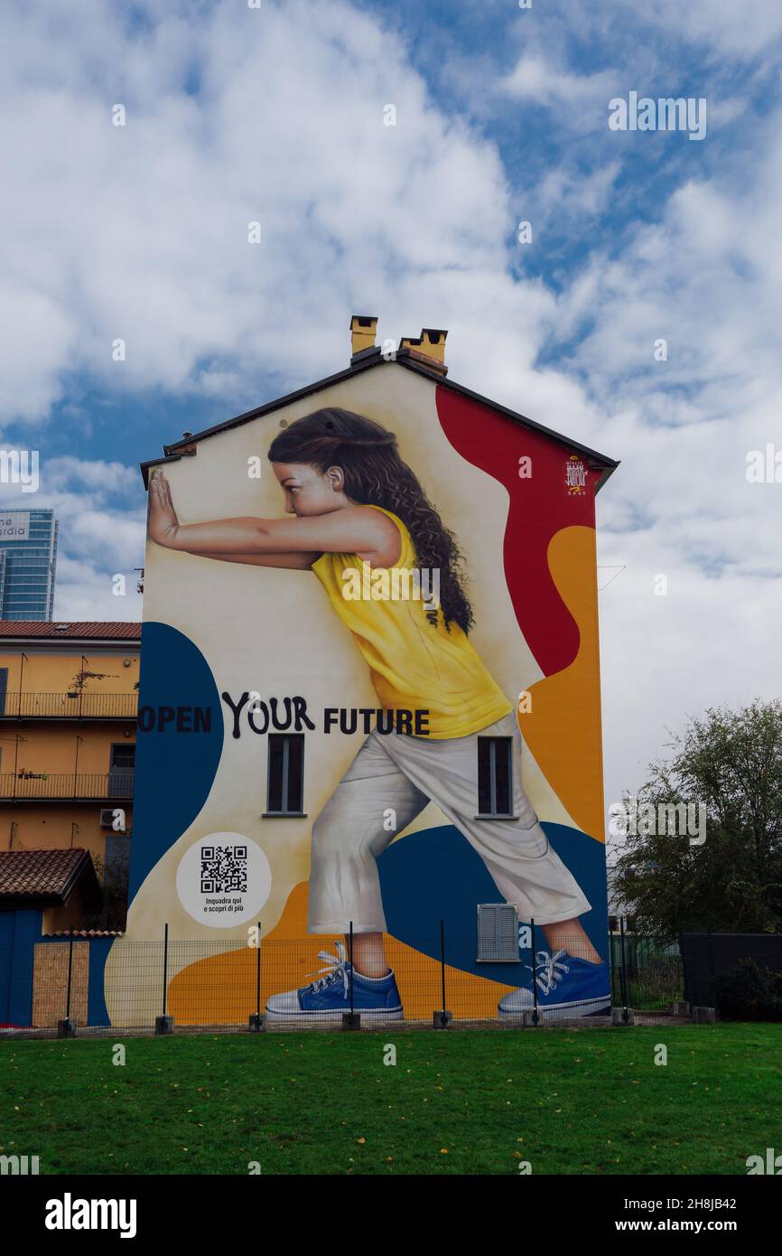 Milan, Italy colorful wall graffiti. Street art mural by artist Rosk ...