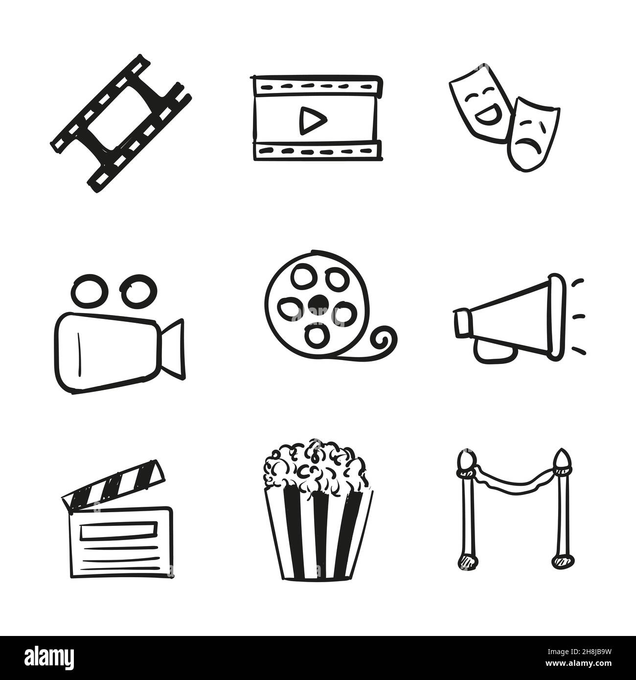 Hand drawn icon set of cinema in doodle style isolated Stock Vector ...