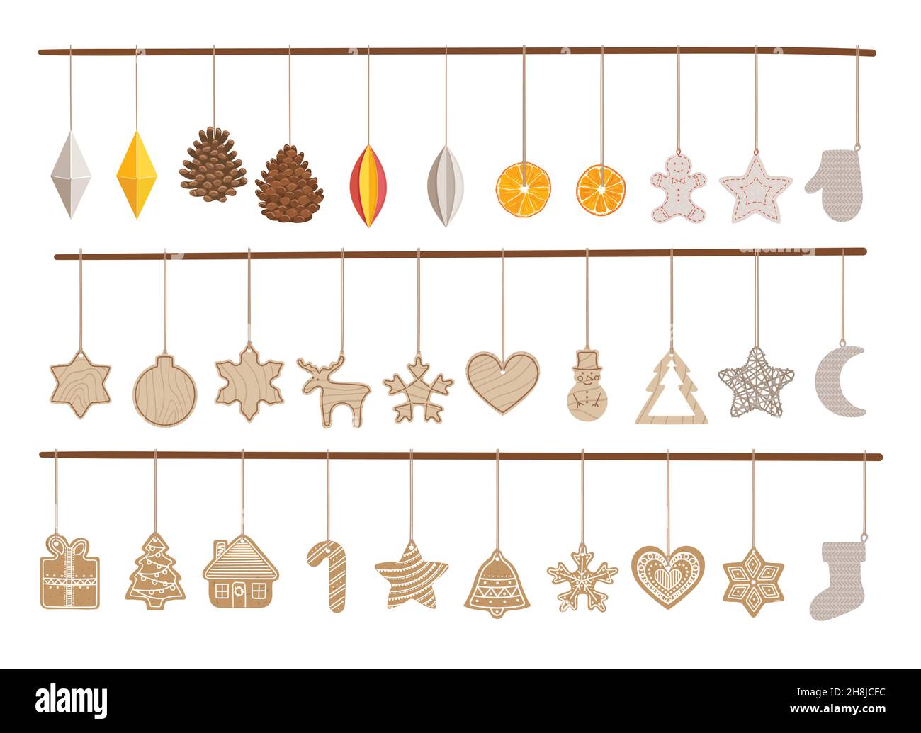 Set of zero waste, nature Christmas toys. Wood, paper, textile eco toys ...