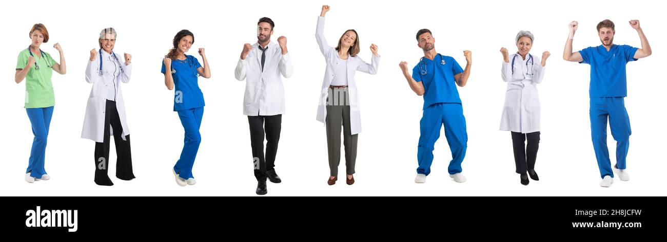 Collection of full length portraits of happy medical doctors cheering ...