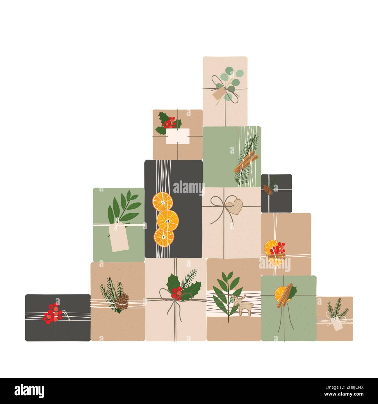 Set of eco-friendly gift boxes laid out in the shape of a Christmas ...