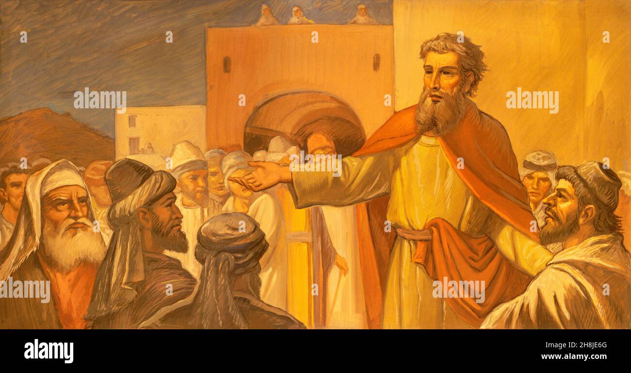 FORLÍ, ITALY - NOVEMBER 11, 2021: The painting Sermon of St. Paul the ...