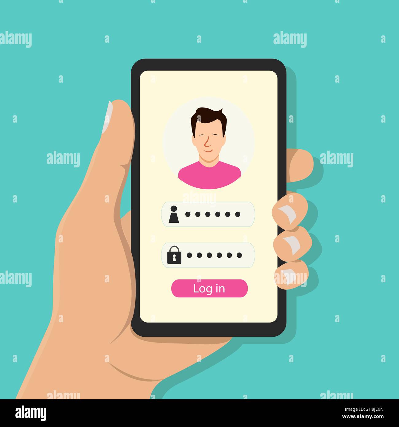 Login to the personal account on the smartphone screen with male avatar ...