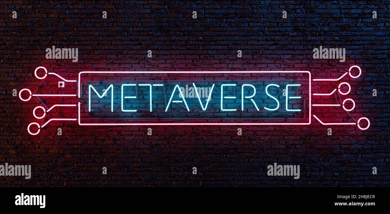 brick wall with futuristic neon sign with the word METAVERSE in pink ...