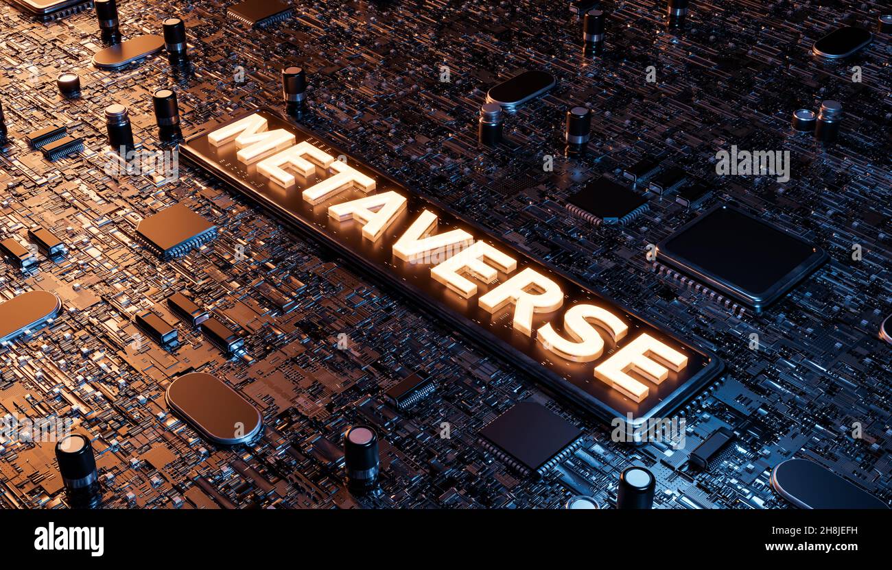 METAVERSE sign on an electronic chip on a motherboard full of ...