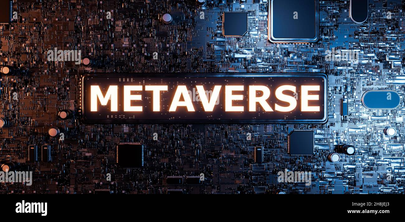 top view of a sign with the word METAVERSE on an electronic board full ...