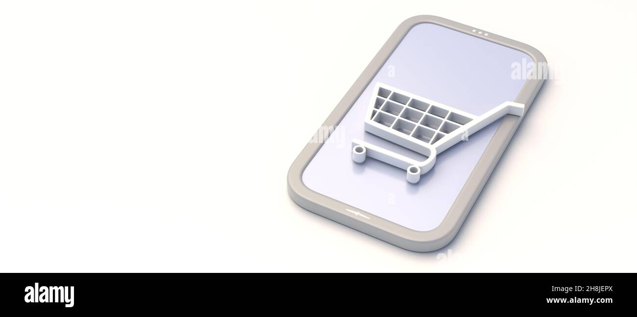 Online shop, ecommerce, eshop. Shopping cart on a minimal mobile phone ...