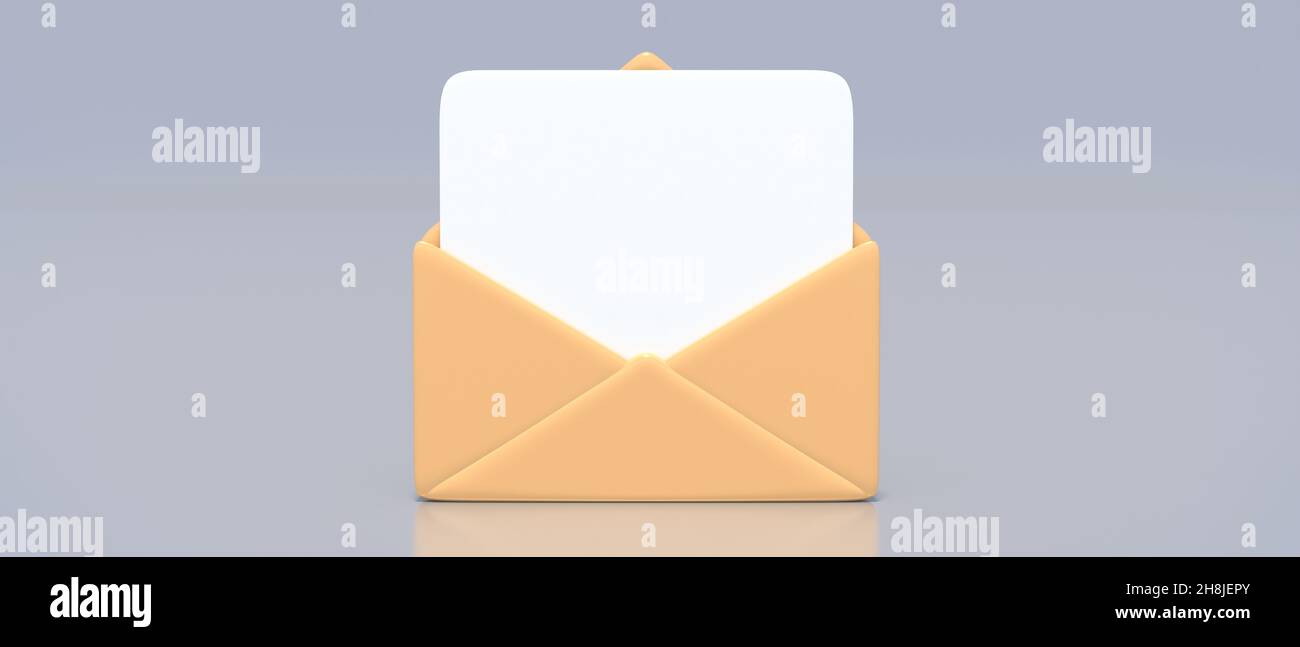 Minimal design envelope open and blank empty white paper card on grey ...