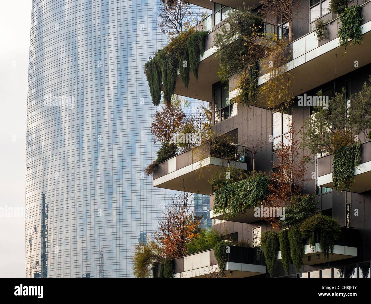 Detail of the terraces with plants of the Vertical Forest building in ...