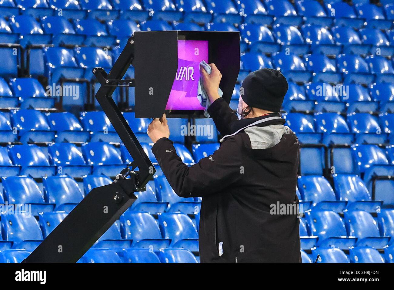Pitchside VAR screen is clean by technical staff ahead of tonights game ...