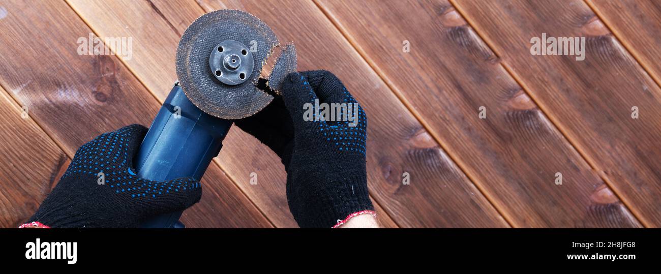 Broken disc for cutting metal. A grinder with a broken circle. Danger ...