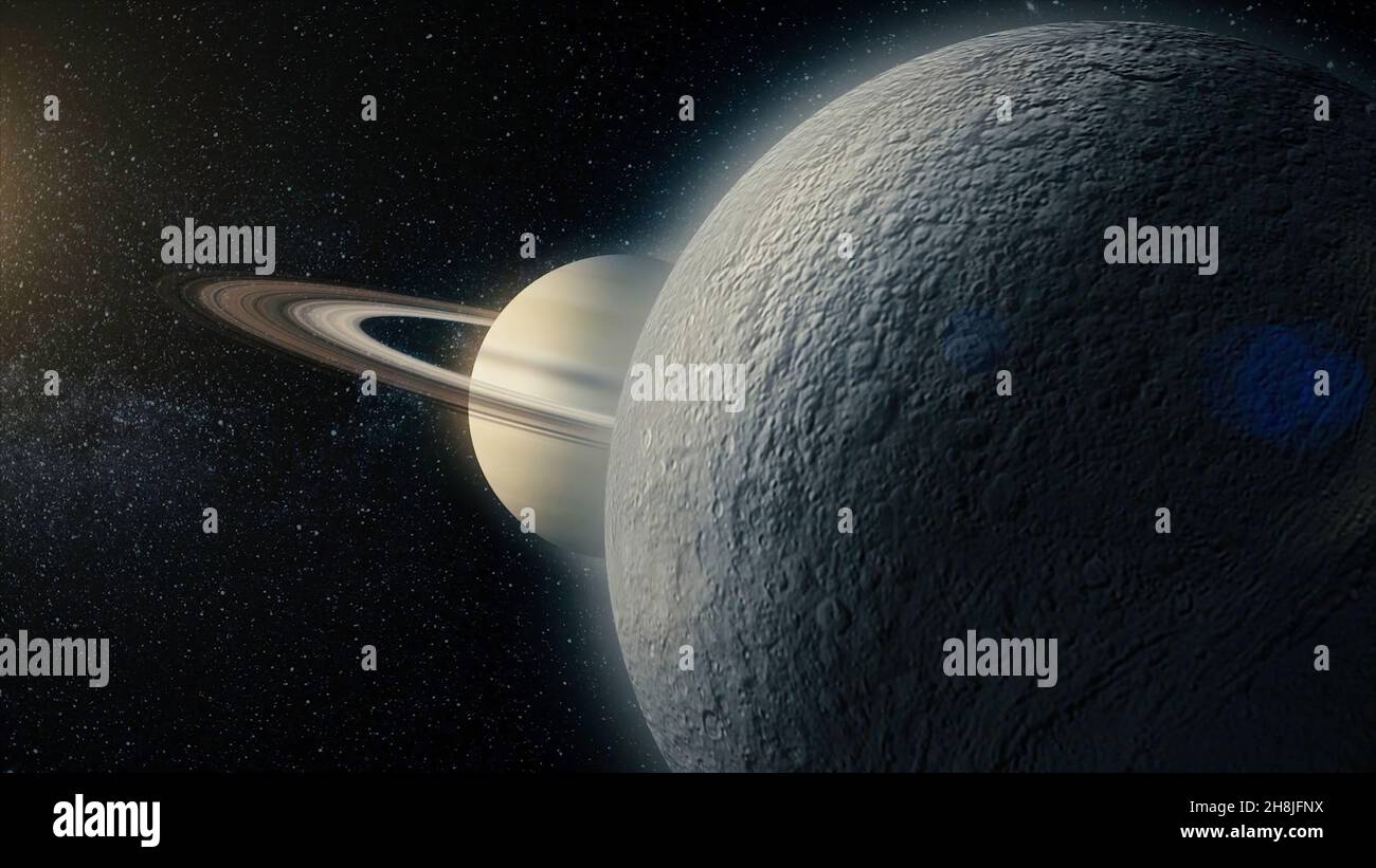 Rhea, mid-sized moon of Saturn on space bacground mid-sized moon of ...
