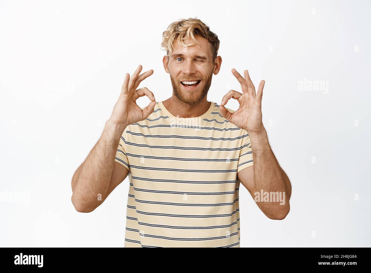 Smiling handsome guy showing okay signs and winking, approve something ...
