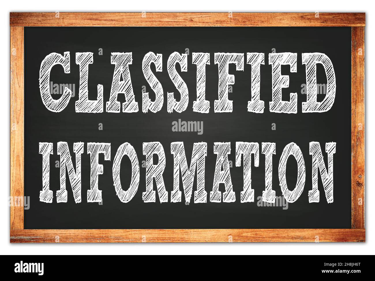 CLASSIFIED INFORMATION written on black wooden frame school blackboard ...