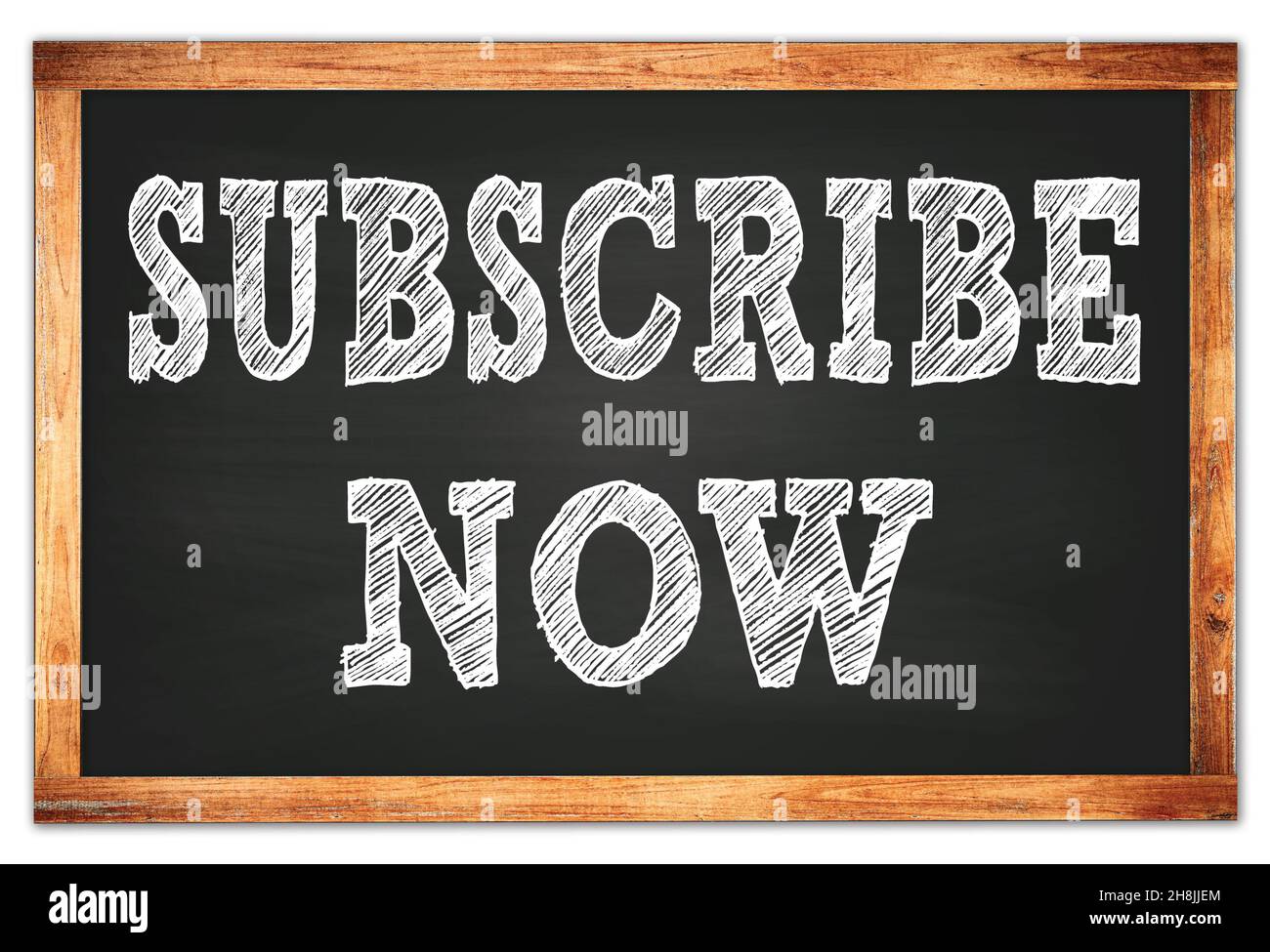 SUBSCRIBE NOW written on black wooden frame school blackboard Stock ...