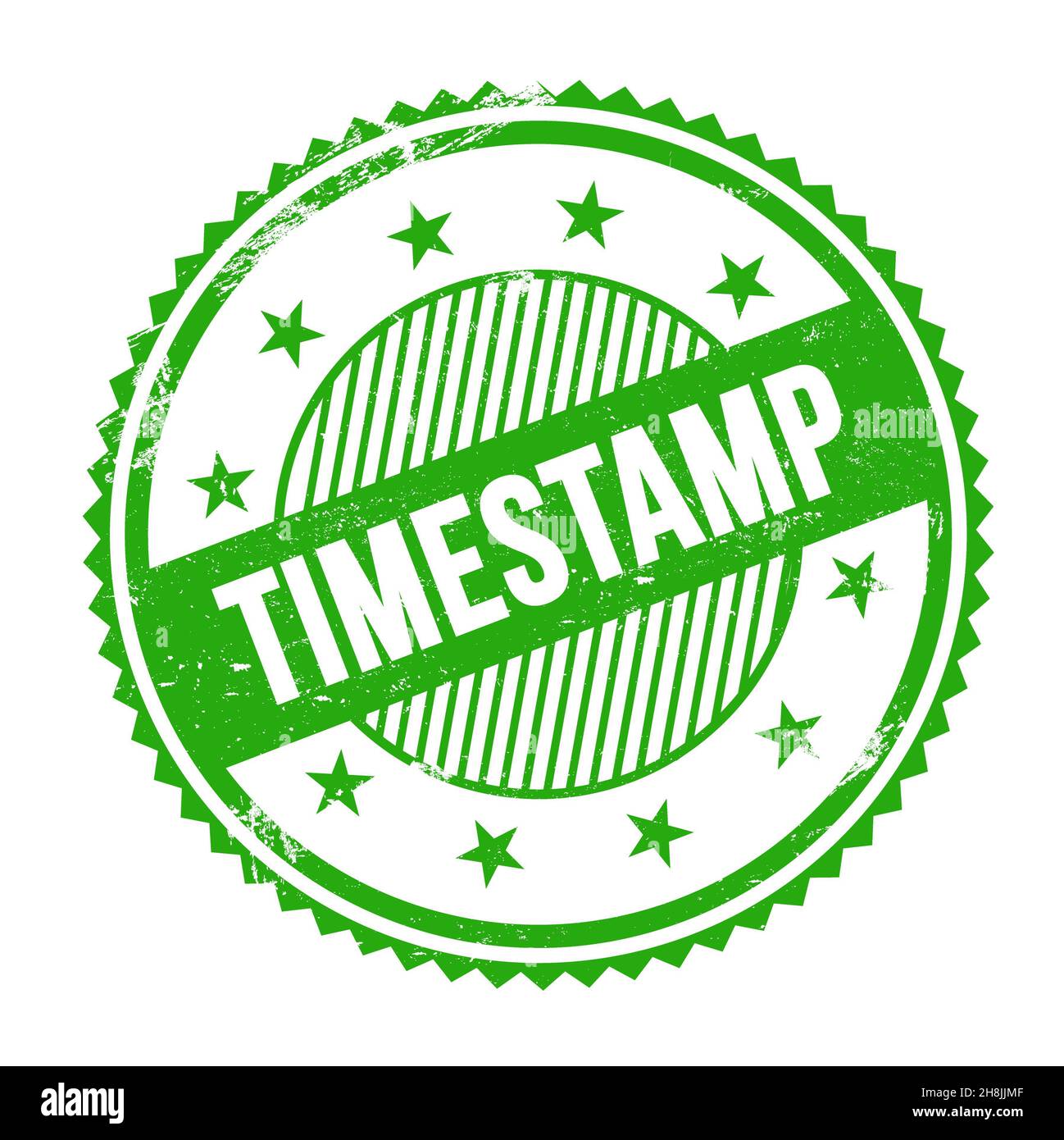 TIMESTAMP text written on green grungy zig zag borders round stamp ...
