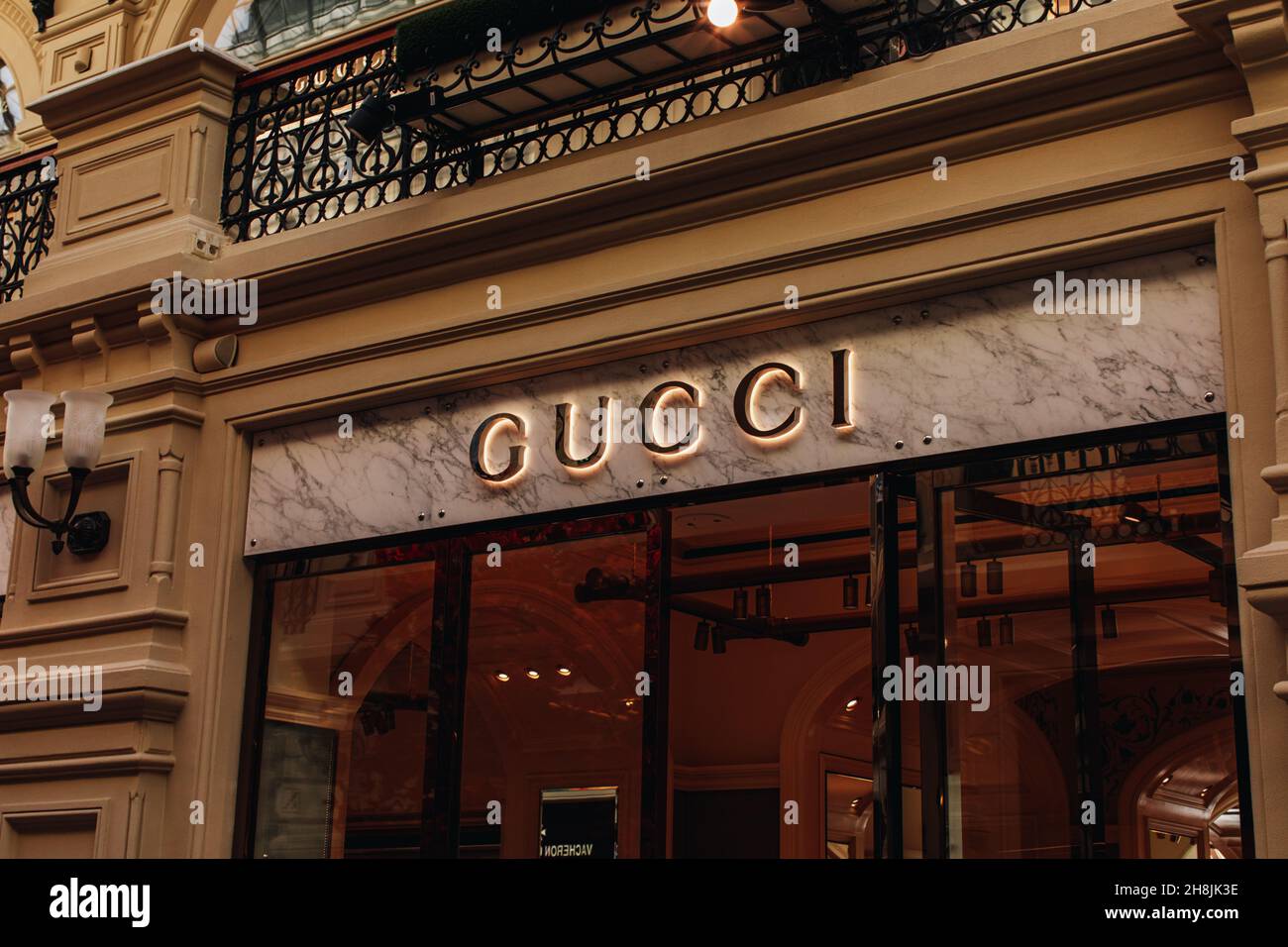 A window display at a Gucci store in Moscow. Gucci is an Italian luxury ...