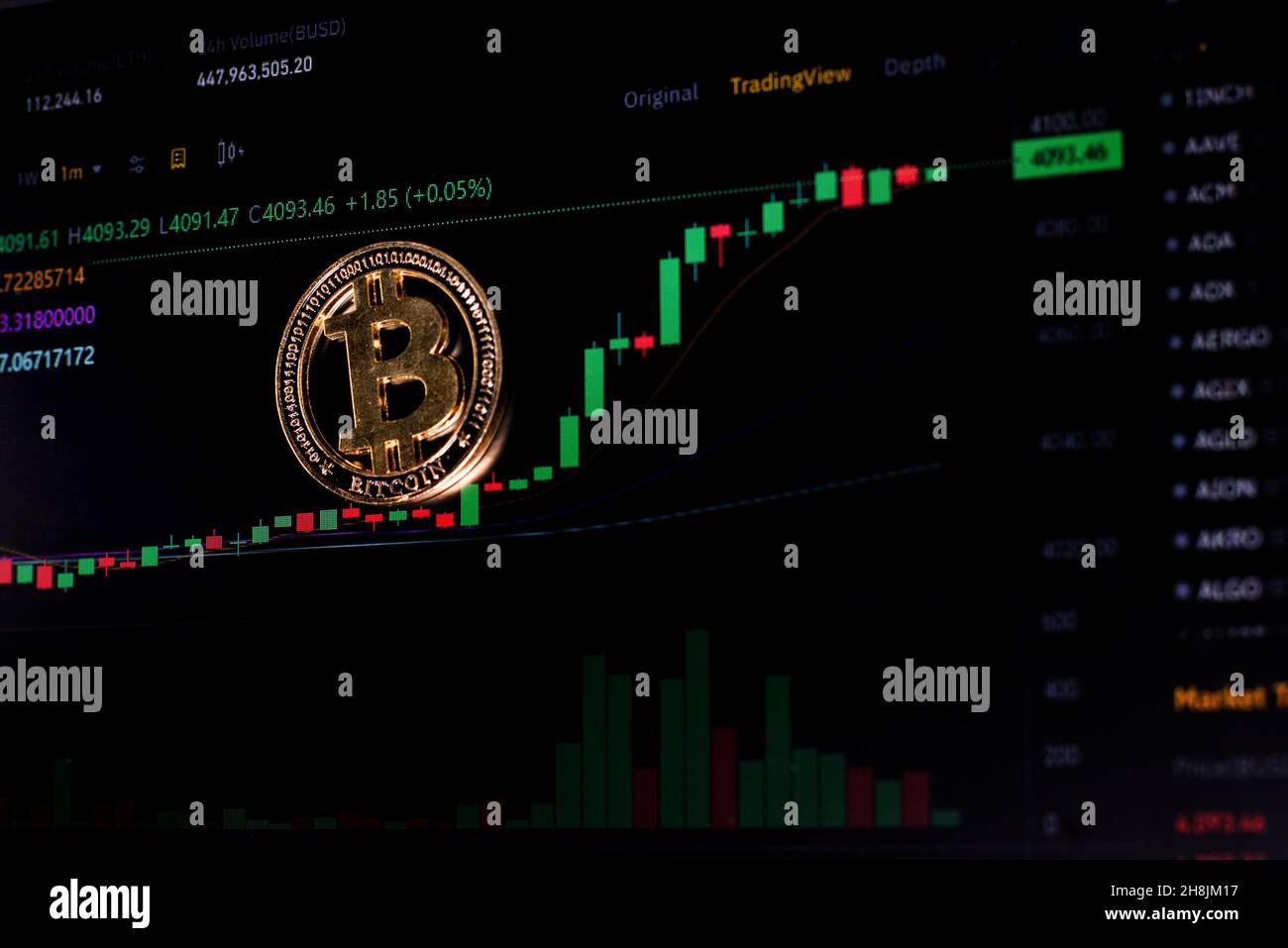 Coin Bitcoin on background cryptocurrency trading chart on computer ...