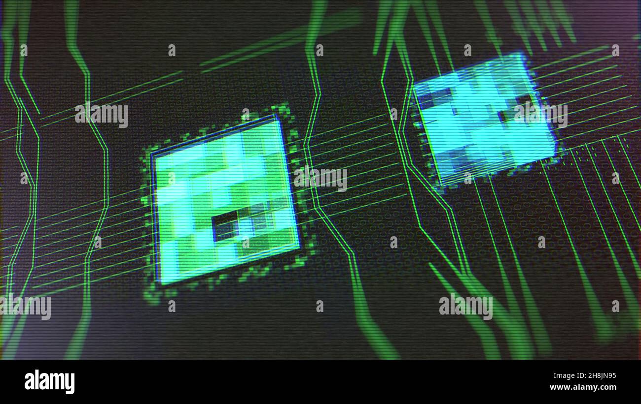 Abstract computer chip or circuit board background with glitch effect ...