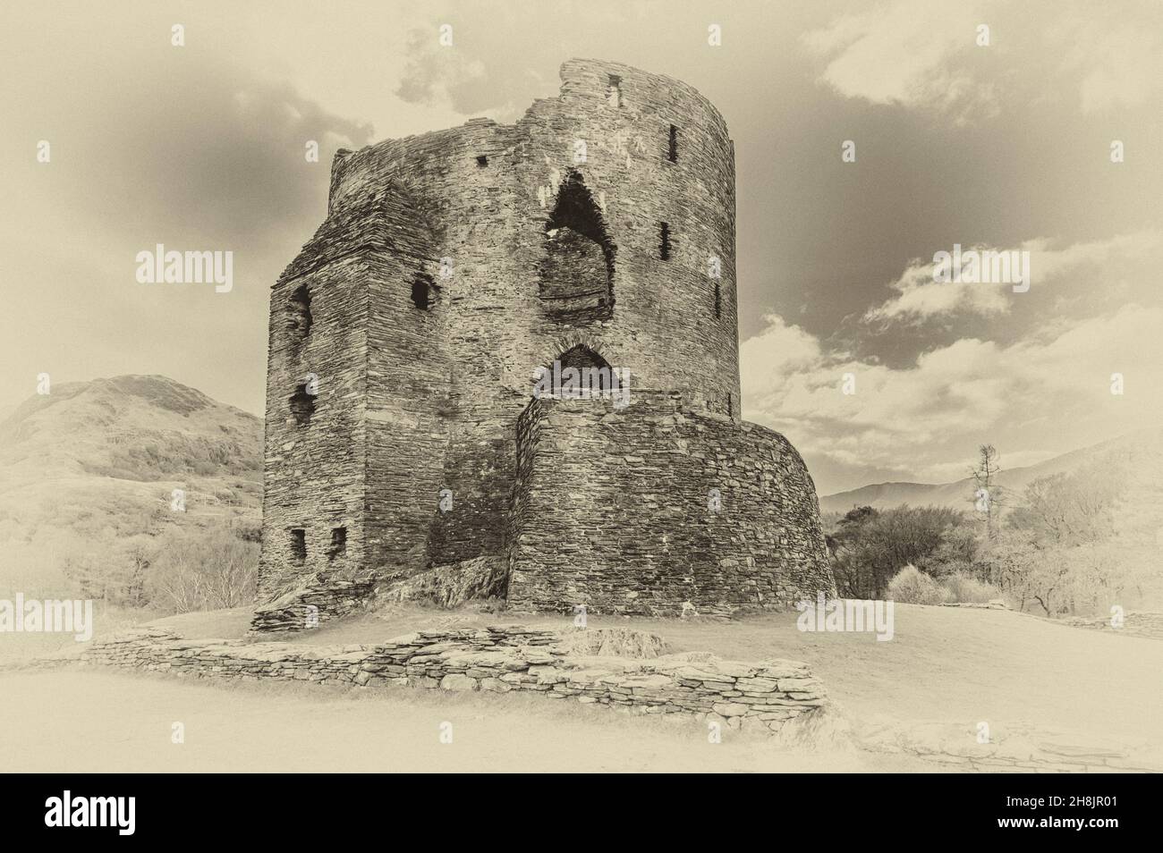 This is the 13th century medieval-round tower fortress of Dolpadarn ...