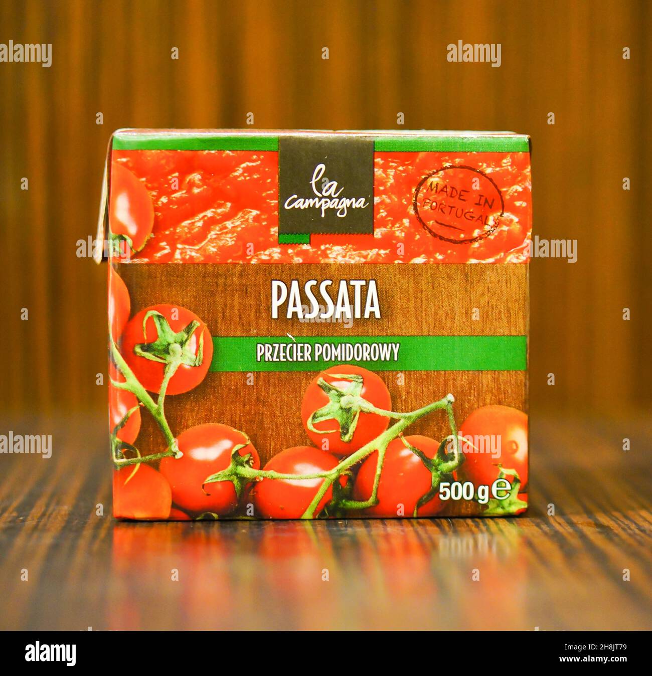 POZNAN, POLAND - May 18, 2019: A closeup of a La Campagne brand Passata ...