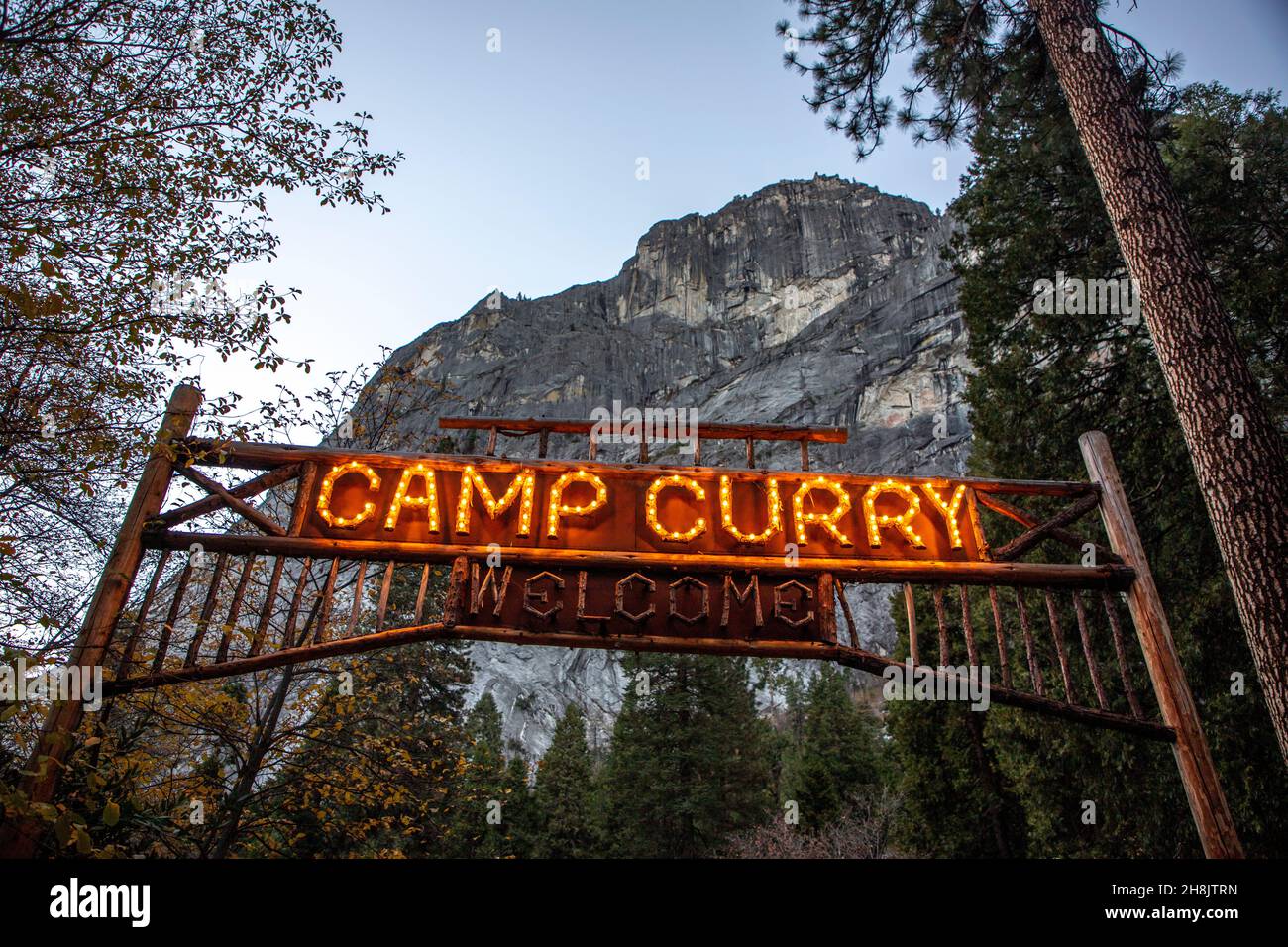 The lights at the entrance to camp Curry in Yosemite Valley, California ...
