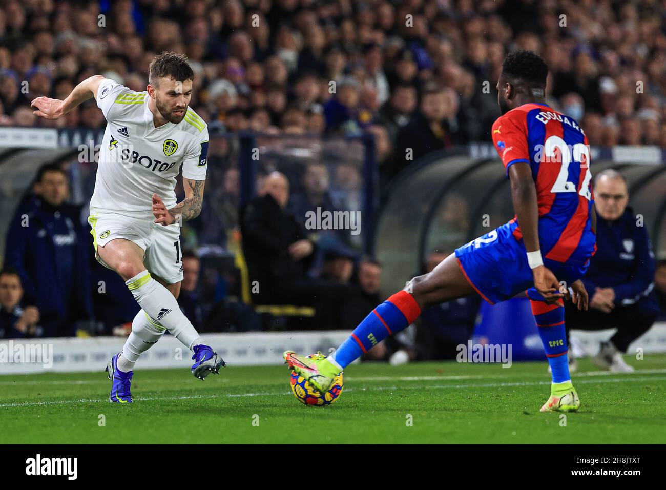 Stuart Dallas #15 of Leeds United crosses the ball but is blocked by ...