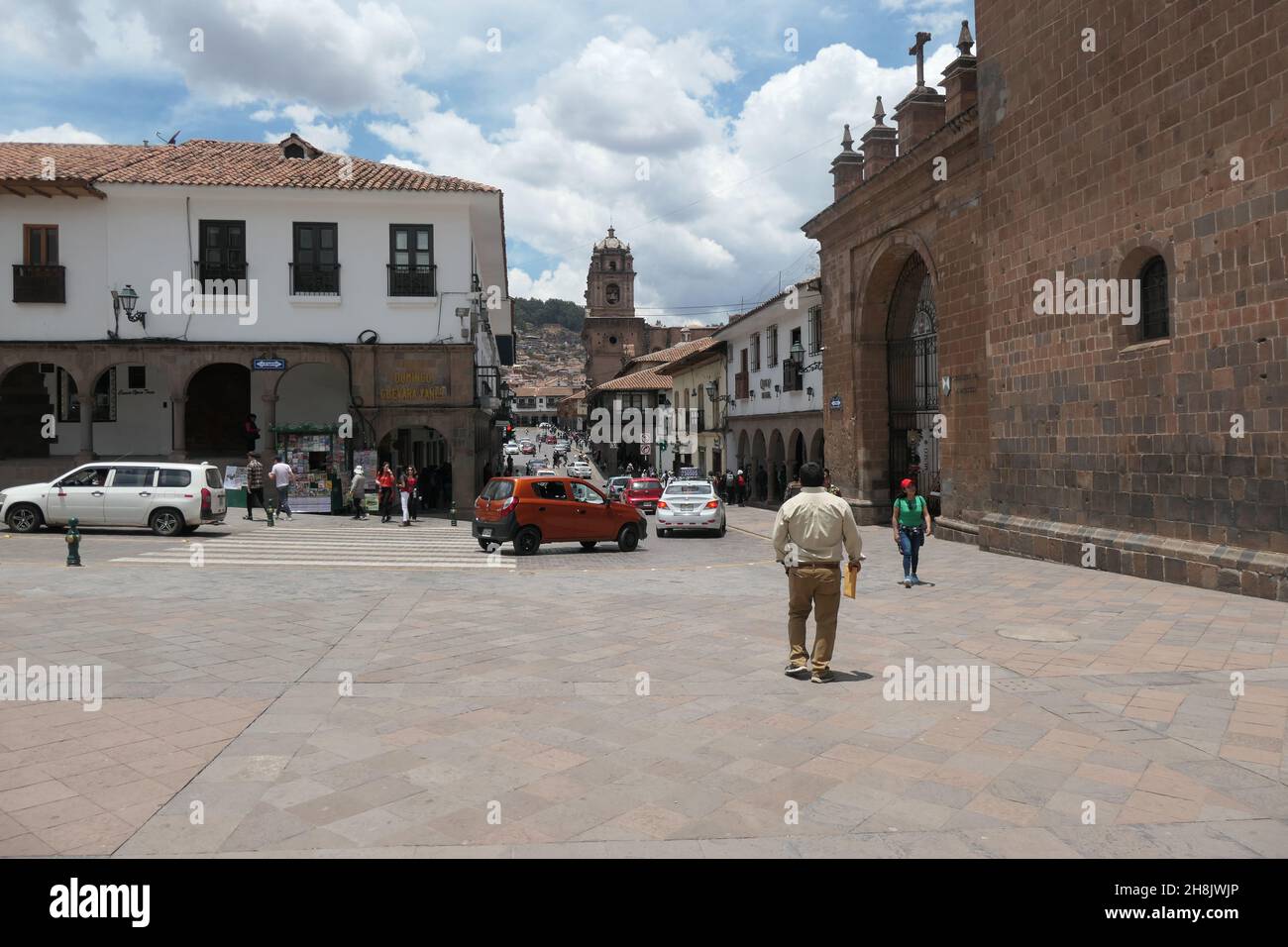 Cusco Peru Church Cathedral famous old style square arch arches people ...