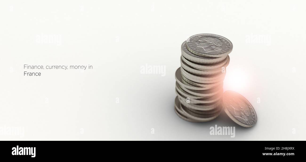 French currency. Isolated coins 3d illustration. Coins piled up with ...