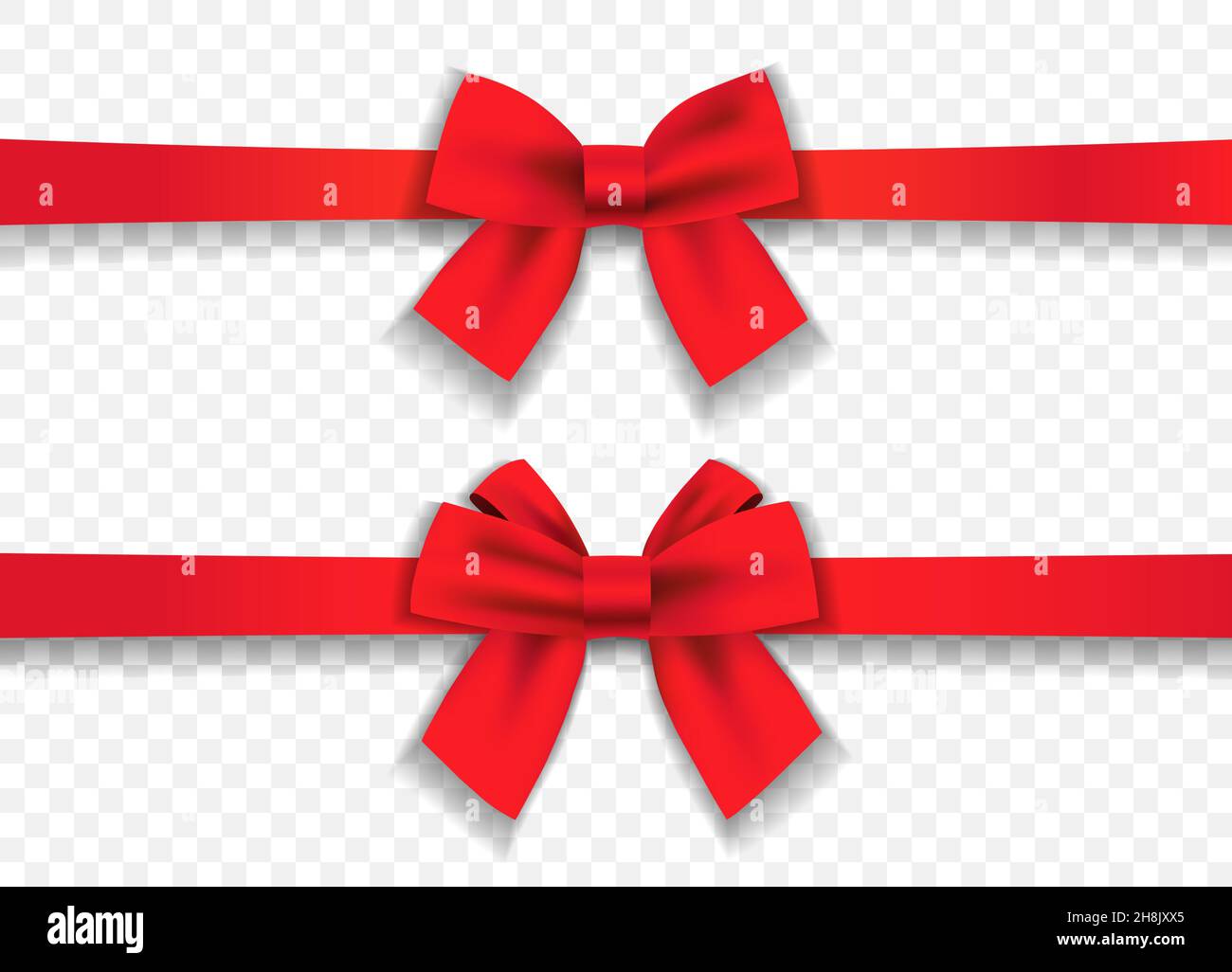 Set of satin decorative red bows with horizontal ribbon isolated on ...