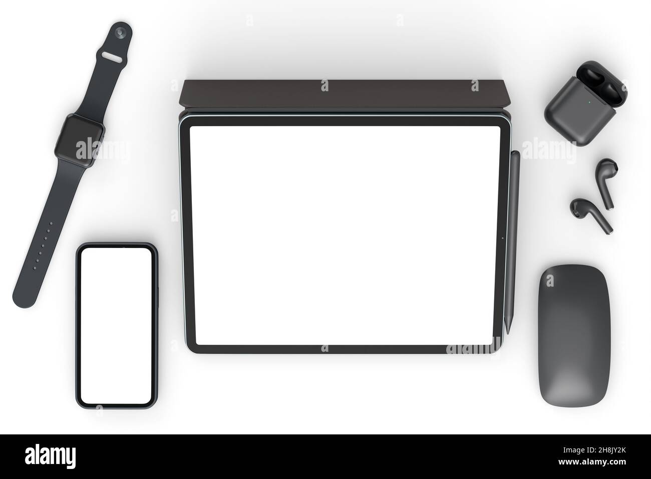 Top view of computer tablet with mouse, smart watch, phone and ...