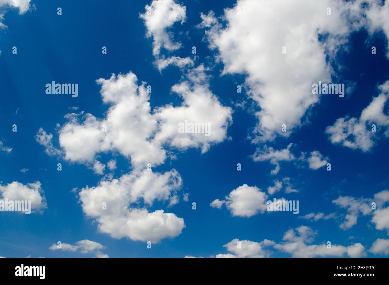 Blue sky with white clouds in sun rays, pure sky background Stock Photo ...