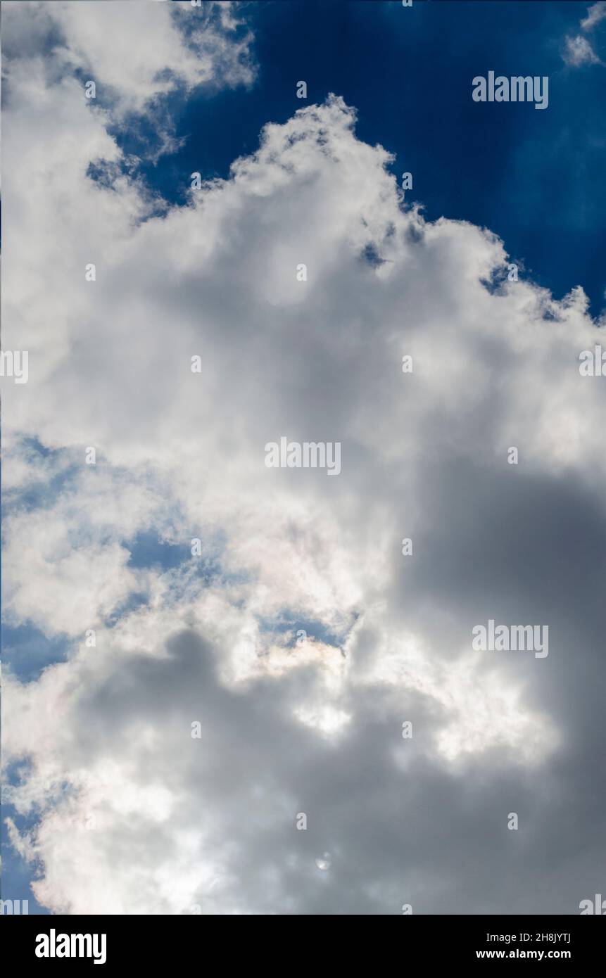 Blue sky with white clouds in sun rays, pure sky background Stock Photo ...