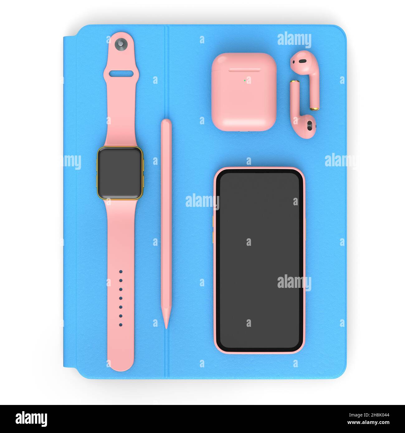 Top view of computer tablet with stylus, smart watch, phone and ...