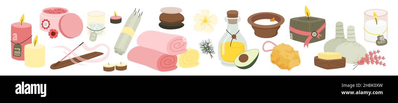 Cartoon collection with oil and relax stones for massage, candle for ...